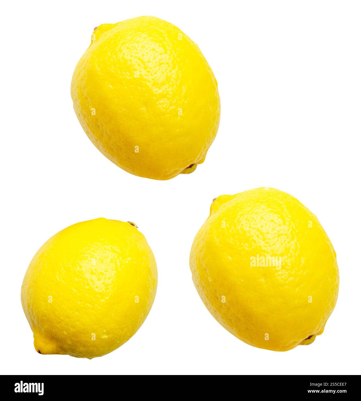 Top view set of three fresh ripe yellow lemon fruits is isolated on ...