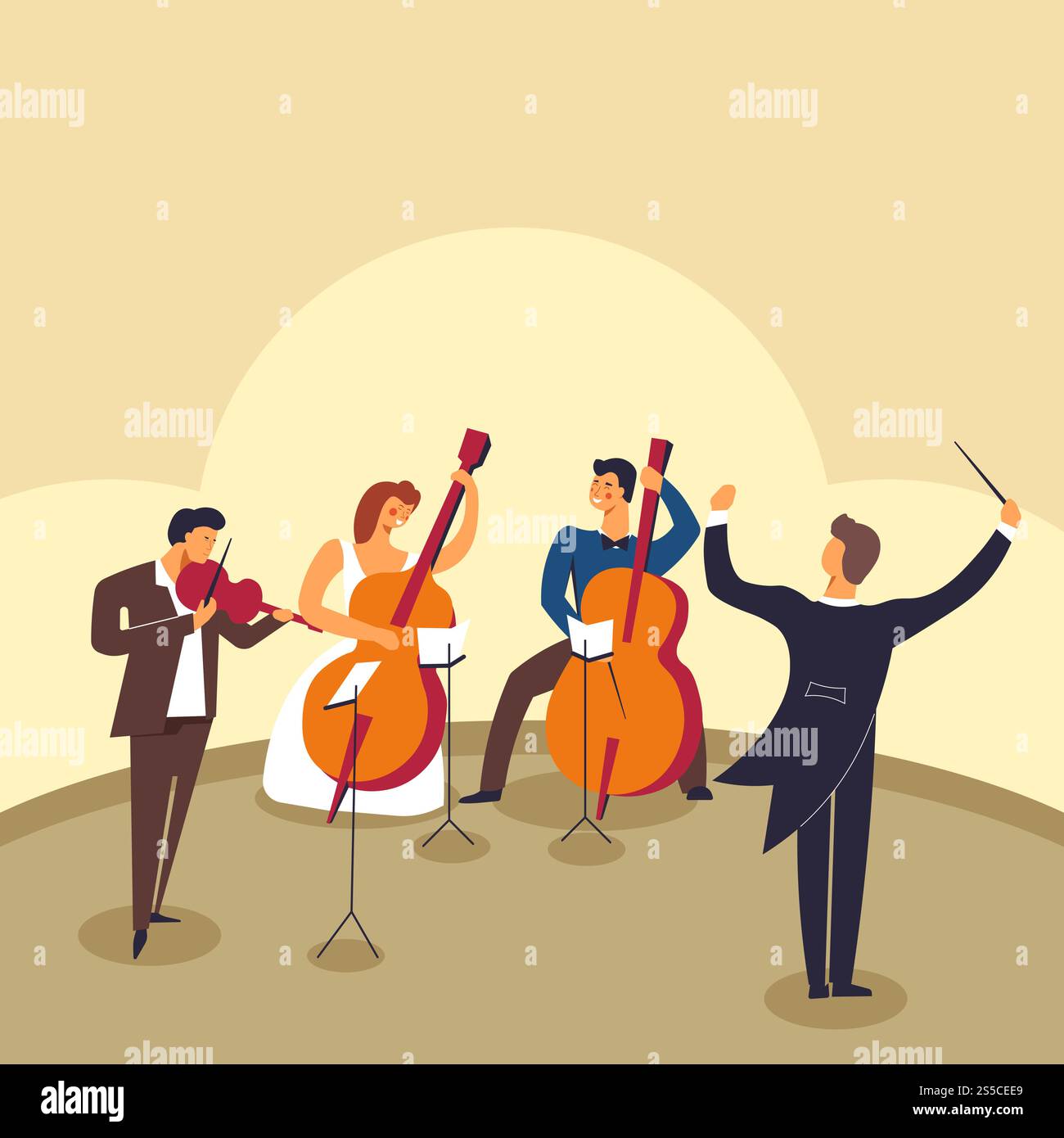 Orchestra band playing musical instruments. Vector men and woman play ...