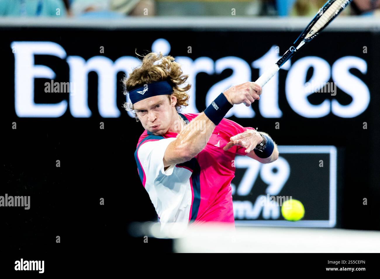 MELBOURNE, VIC - JANUARY 14: Andrey Rublev of Russia in action during ...