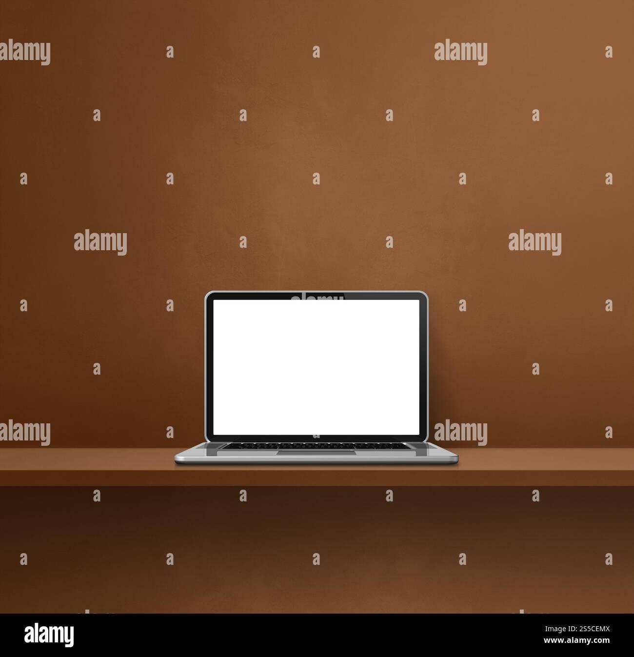 Laptop computer on brown shelf. Square background. 3D Illustration ...