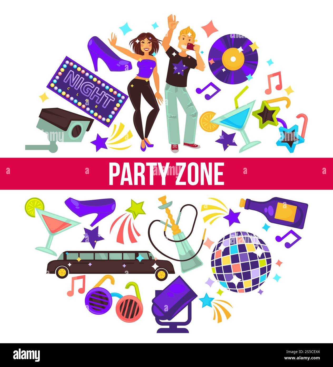 Party zone man and woman at night club having fun vector. Bottle and ...