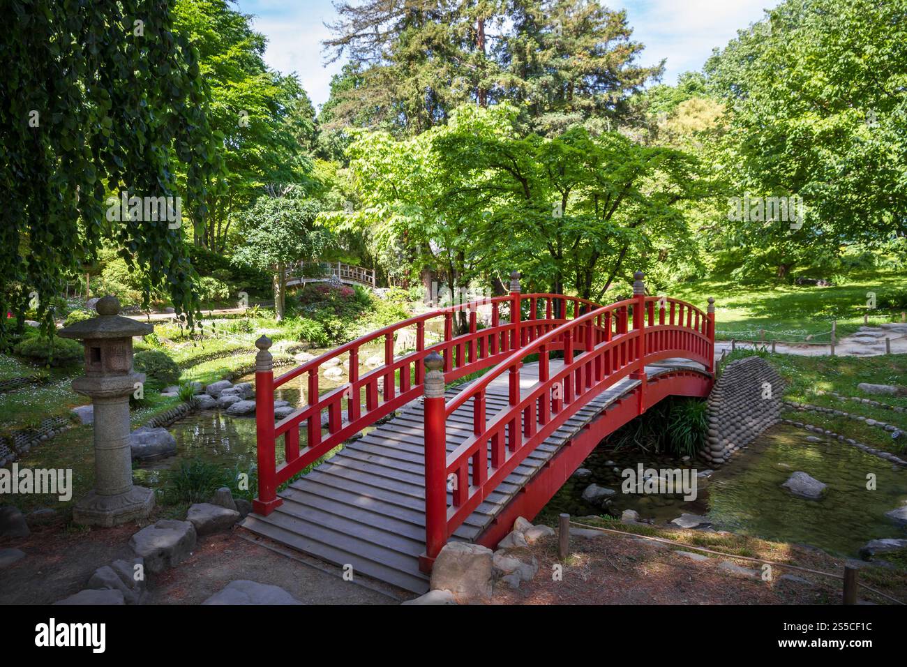 Traditional red wooden bridge on a japanese garden pond. Zen background ...