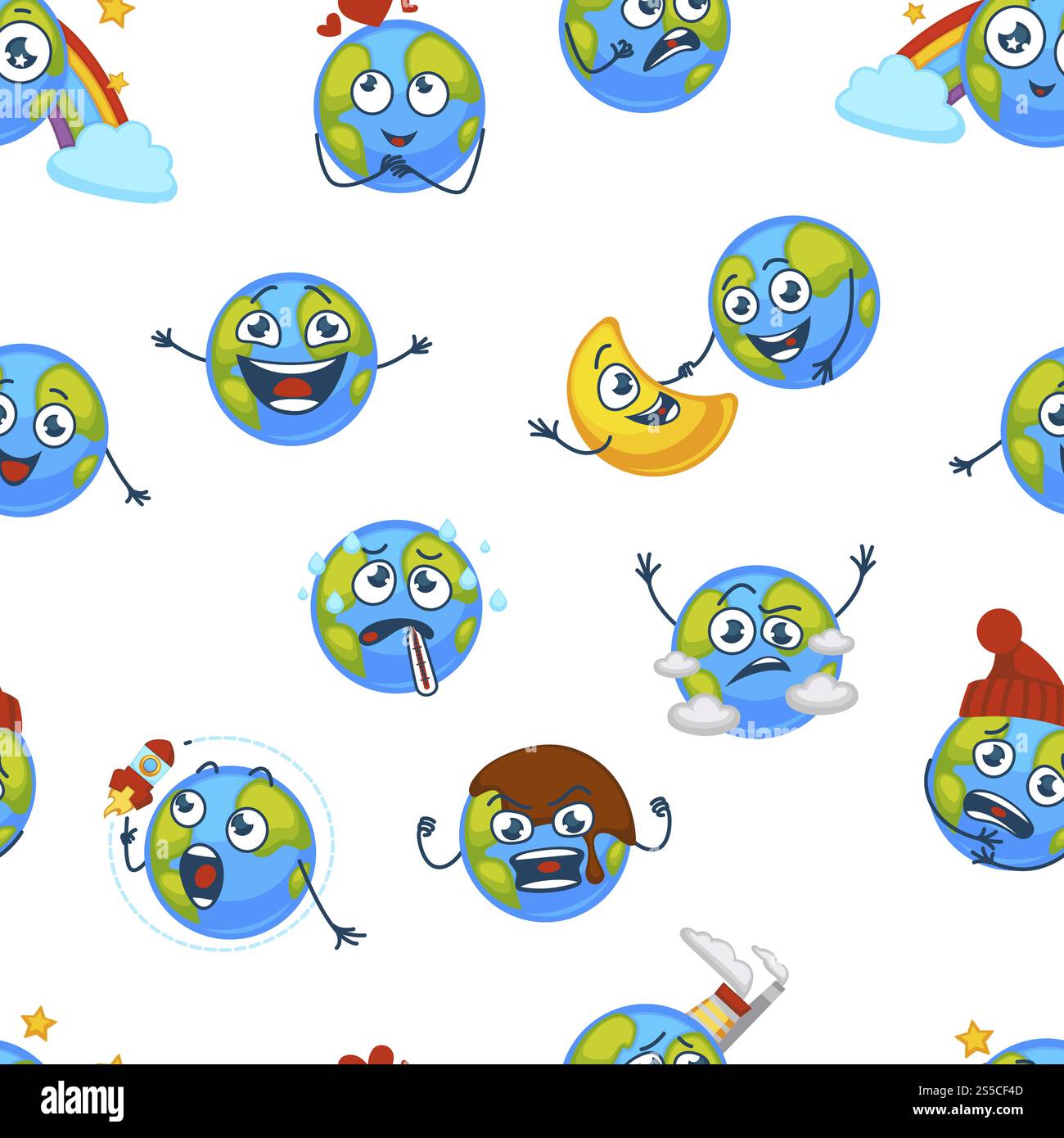 Earth planet expressing emotions emojis seamless pattern vector. Angry ...