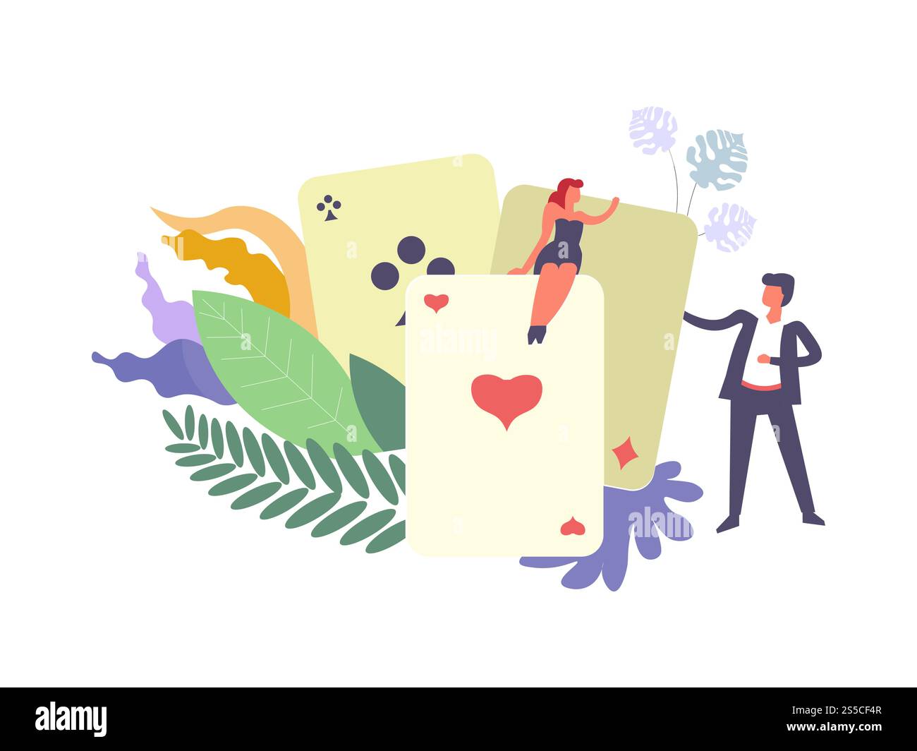 Gambling female on cards and male by her vector. Woman sitting on heart ...