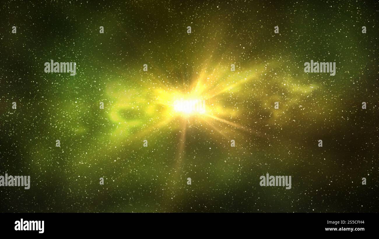 Burst of light in space. Night starry sky and bright yellow galaxy ...