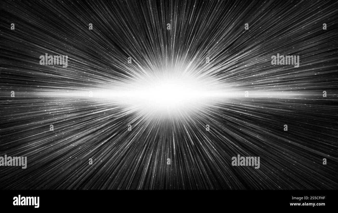 Big bang effect on bright black galaxy sky, horizontal background. 3d ...