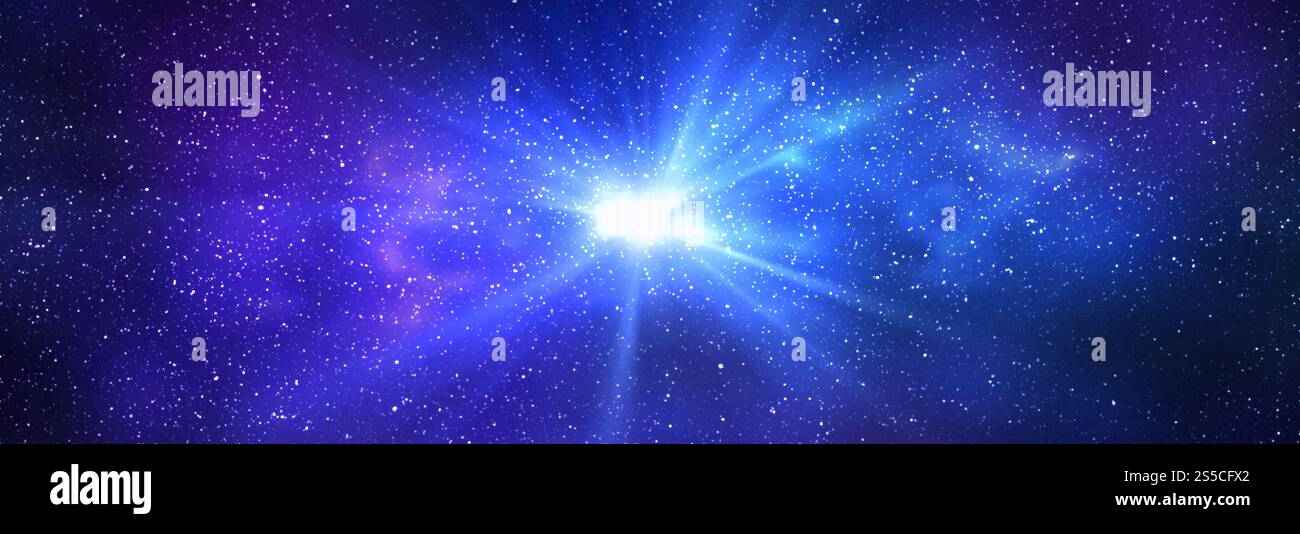 Burst of light in space. Night starry sky and bright blue galaxy ...