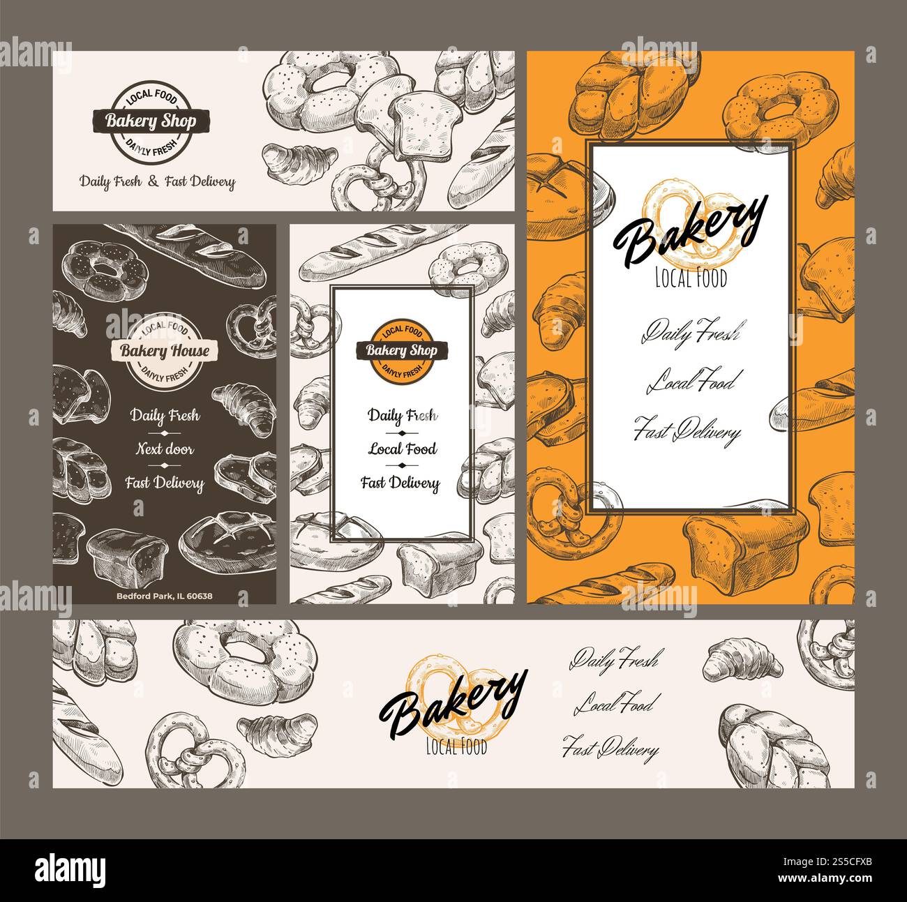 Bakery shop label set, template badge for cafe ad. Retro hand drawn ...
