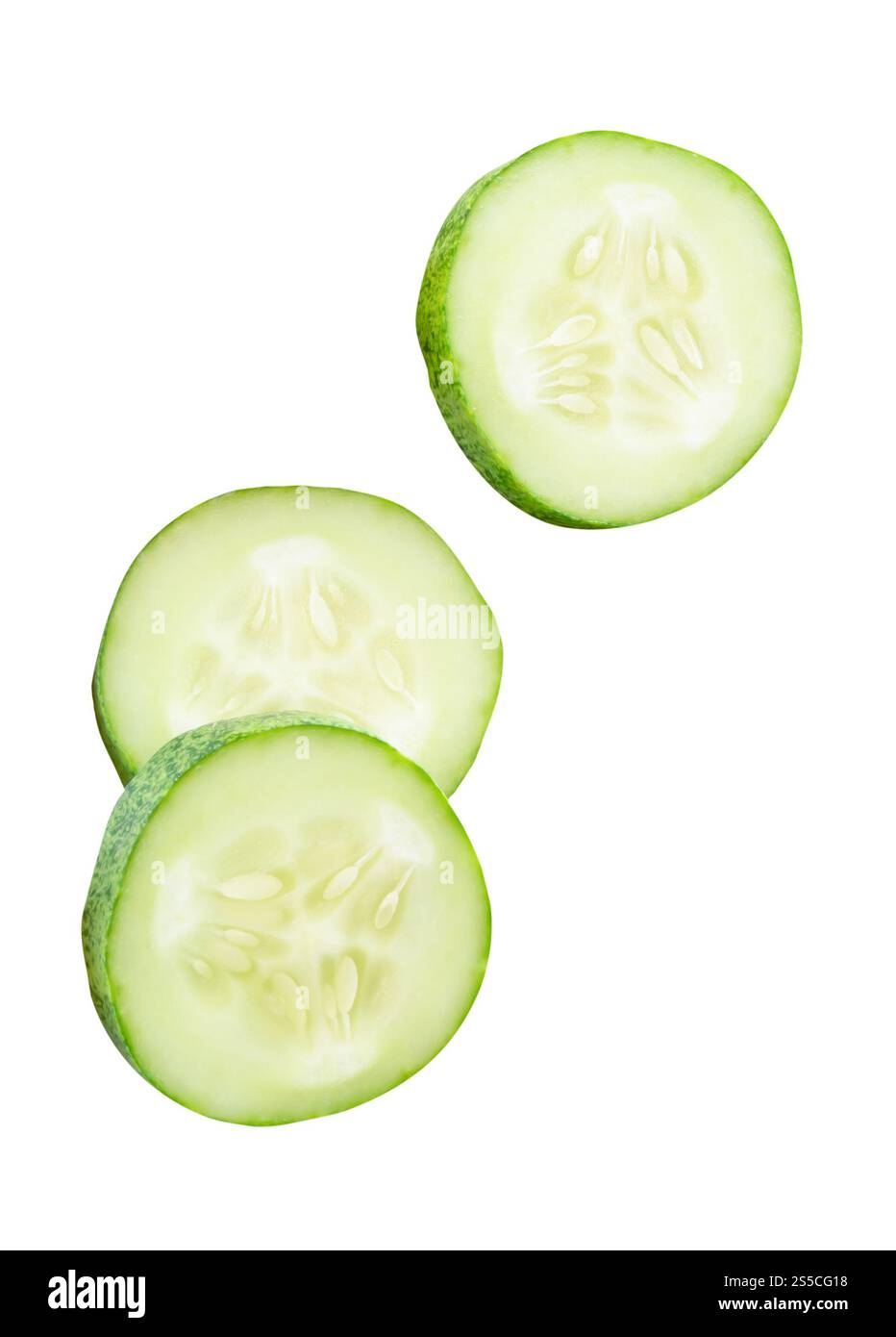 Top view set of fresh green cucumber slices in circle shape in stack is ...
