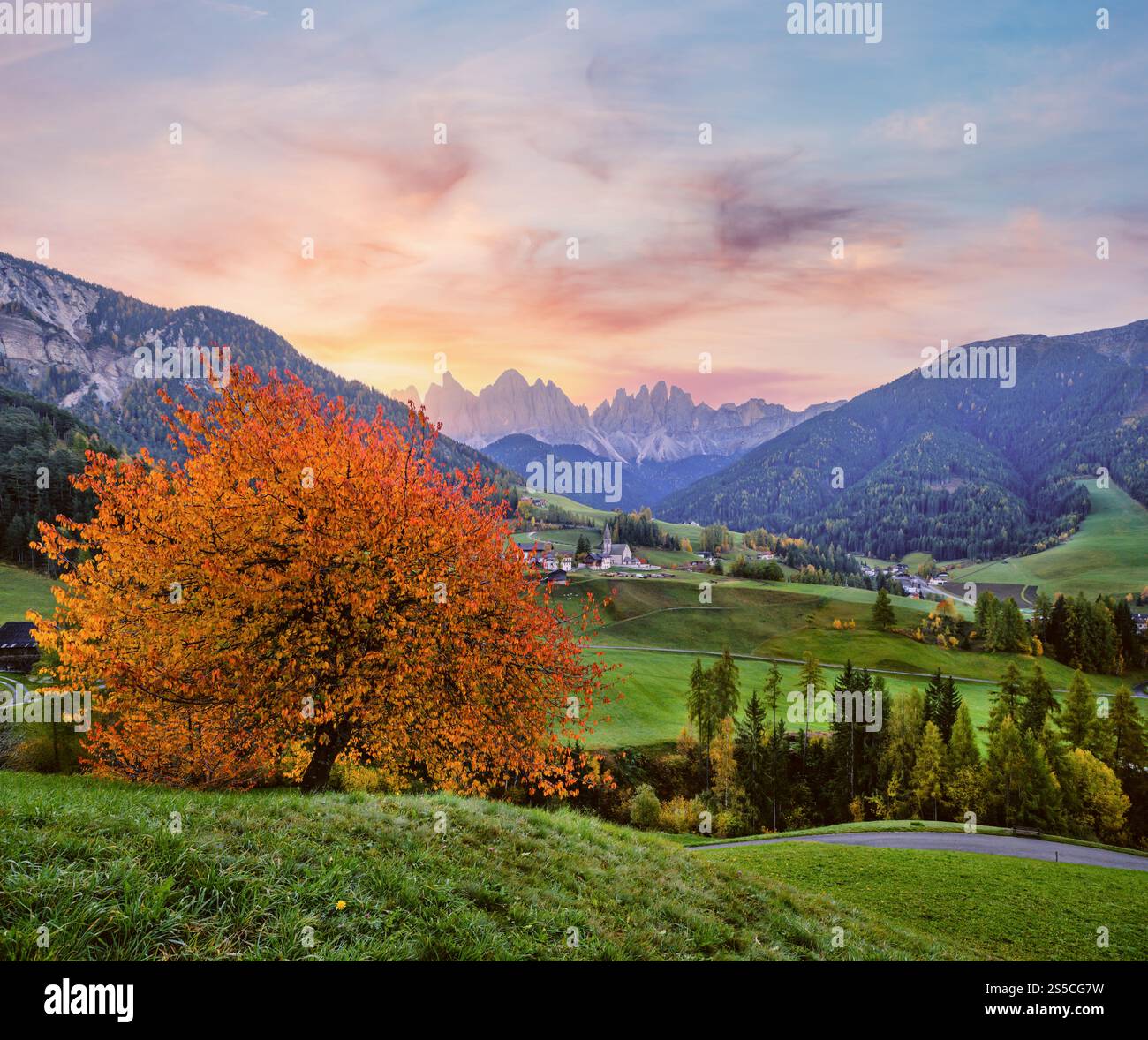 Autumn daybreak Santa Magdalena famous Italy Dolomites village view in ...