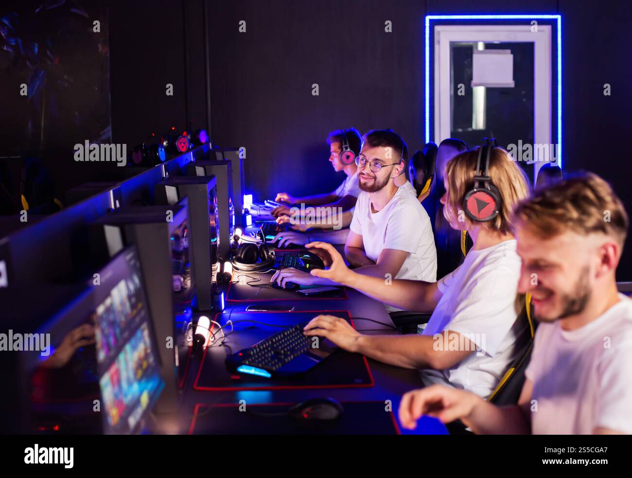 Male players are constantly talking through professional gaming headset ...