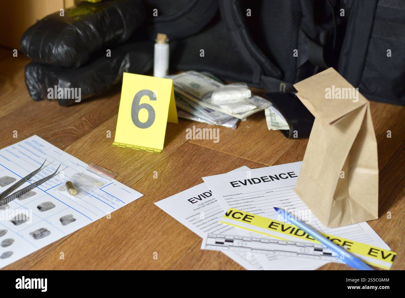 Evidence Chain of Custody Labels and brown paper bag with fingerprints ...
