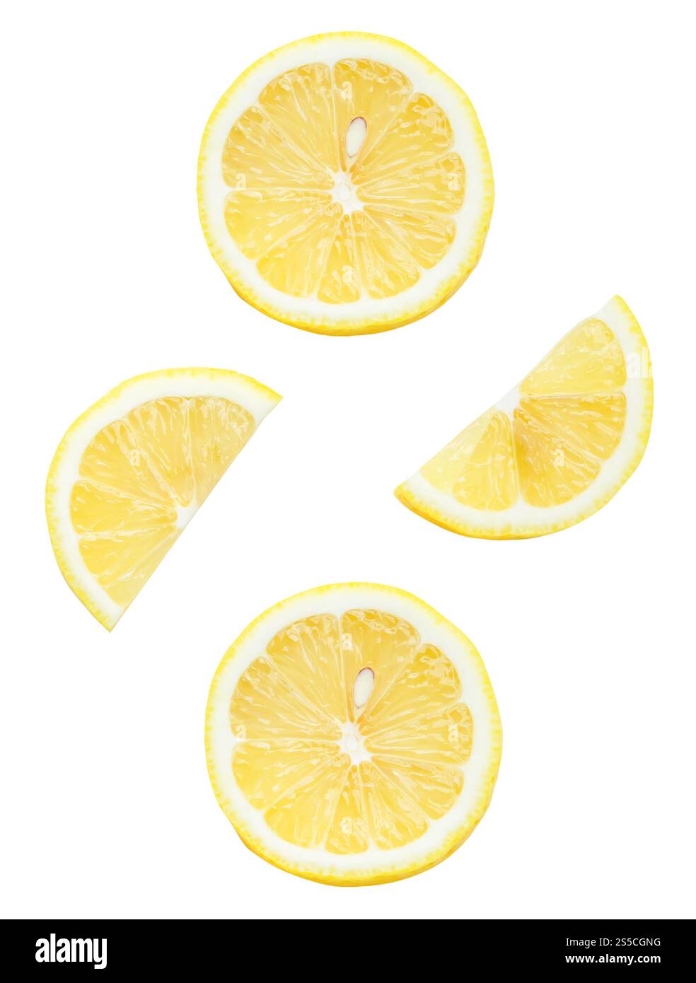Top view set of fresh ripe yellow lemon fruits in halves and slices or ...