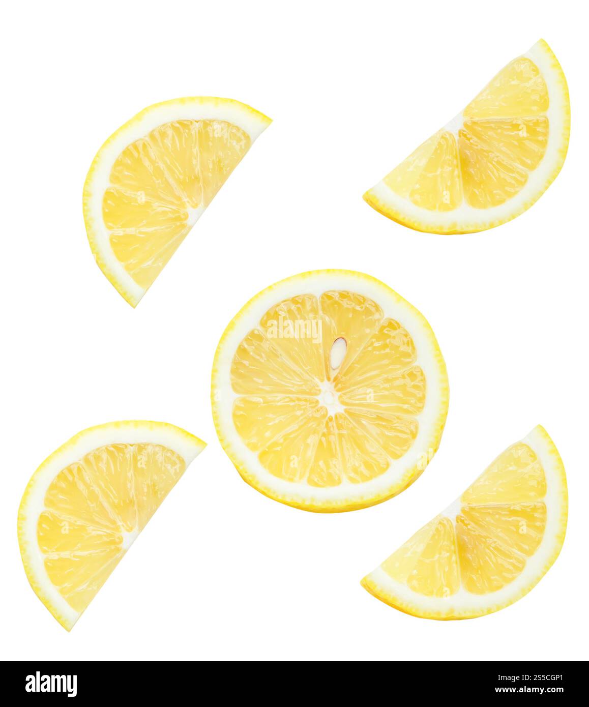 Top view set of fresh ripe yellow lemon fruits in halves and slices or ...