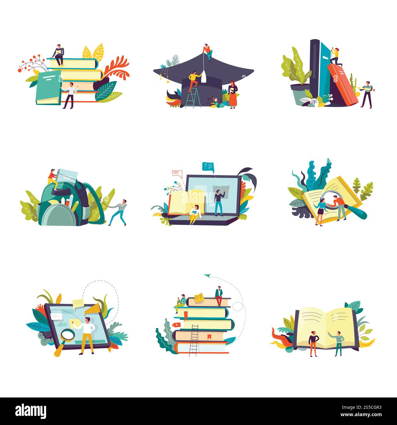Education and study learning icons. Vector metaphor symbols of small ...
