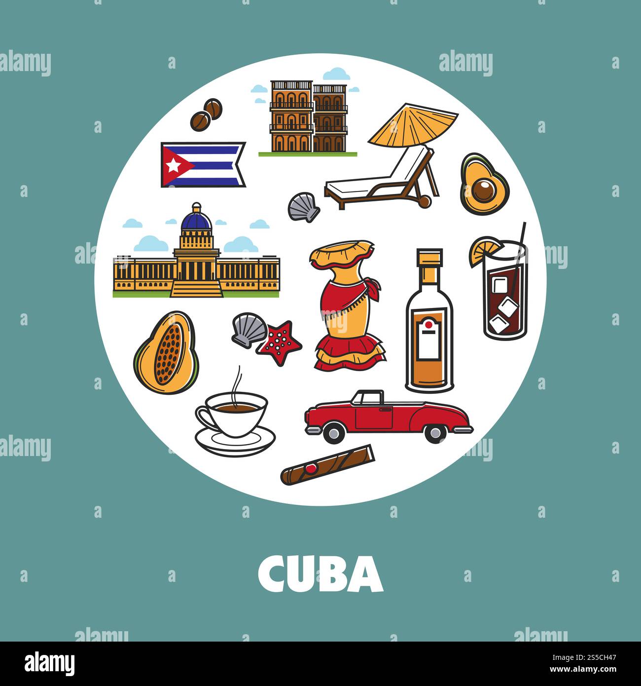 Cuba promo poster with famous country symbols set architectural ...