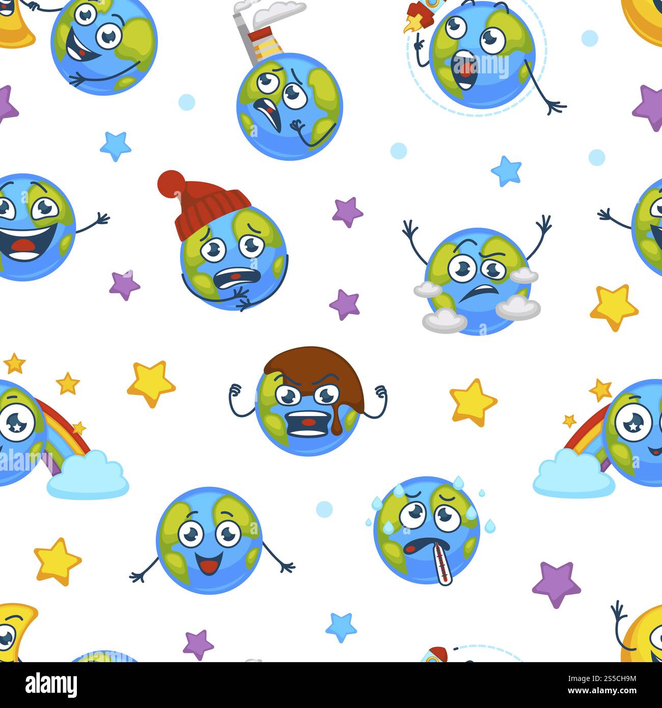 Earth planet expressing emotions emojis seamless pattern vector. Angry ...
