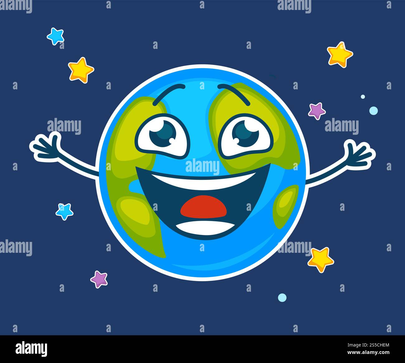 Happy earth with face and broad smile among colorful stars. Humanized ...