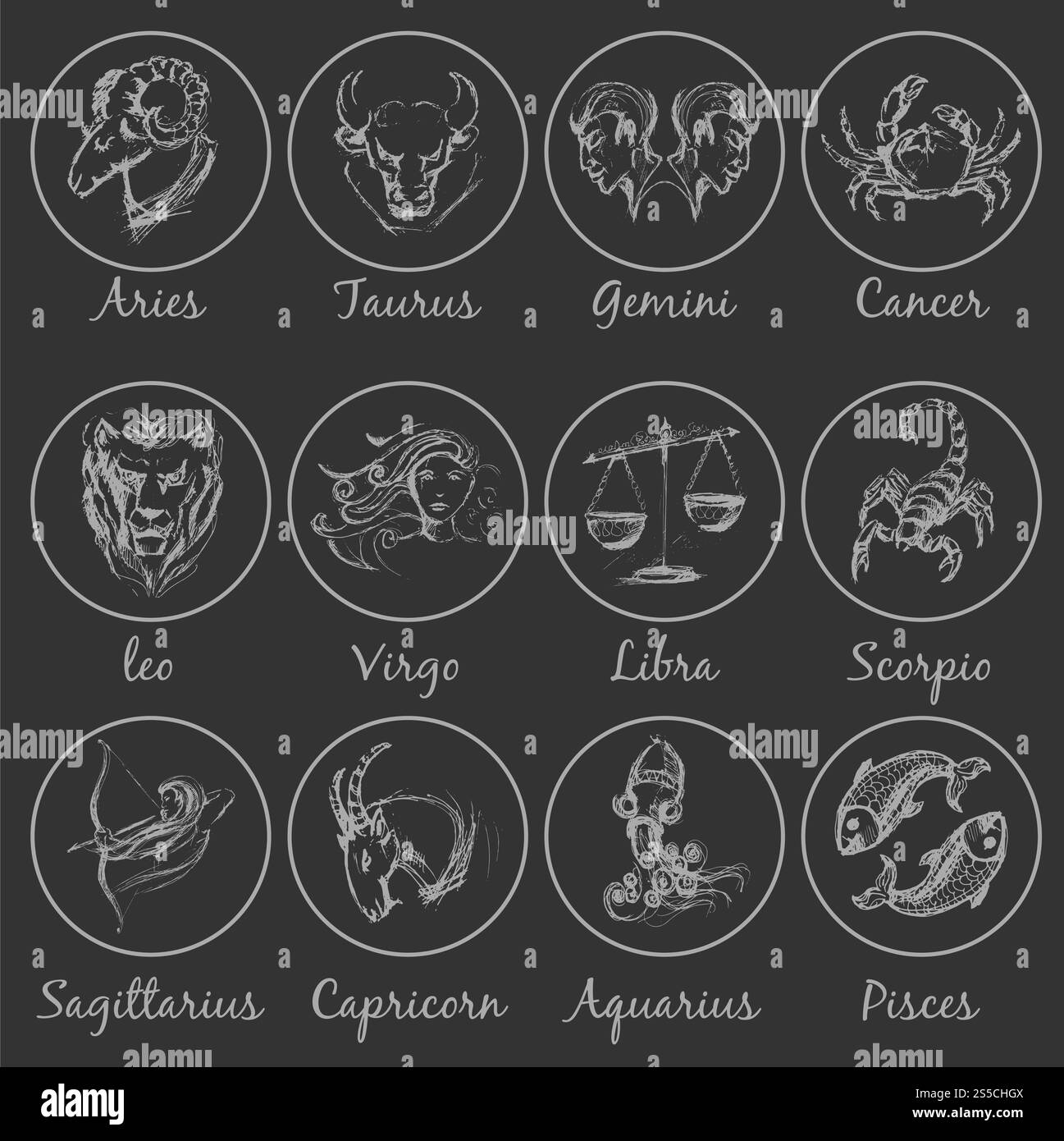 Set of astrological zodiac symbols. Horoscope signs. Sketch style. Vector Illustration.. Set of ...