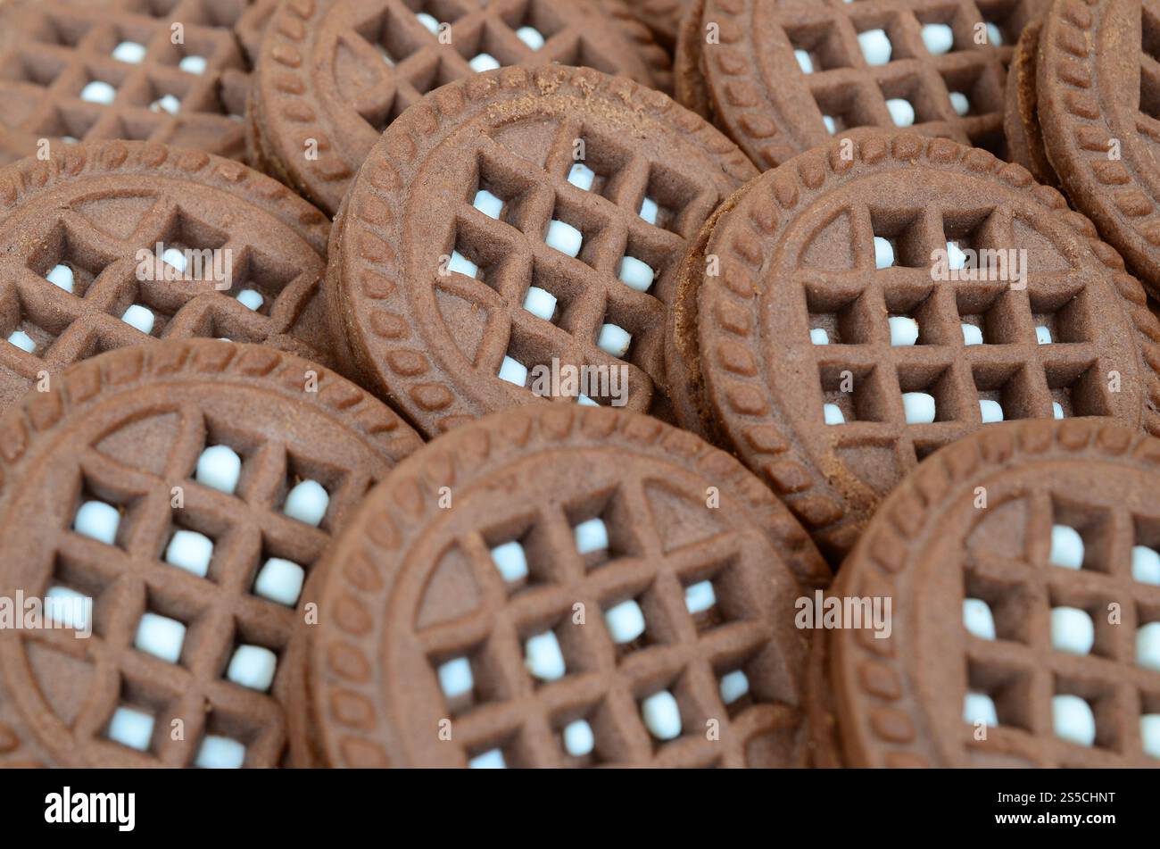 Detailed picture of dark brown round sandwich cookies with coconut ...