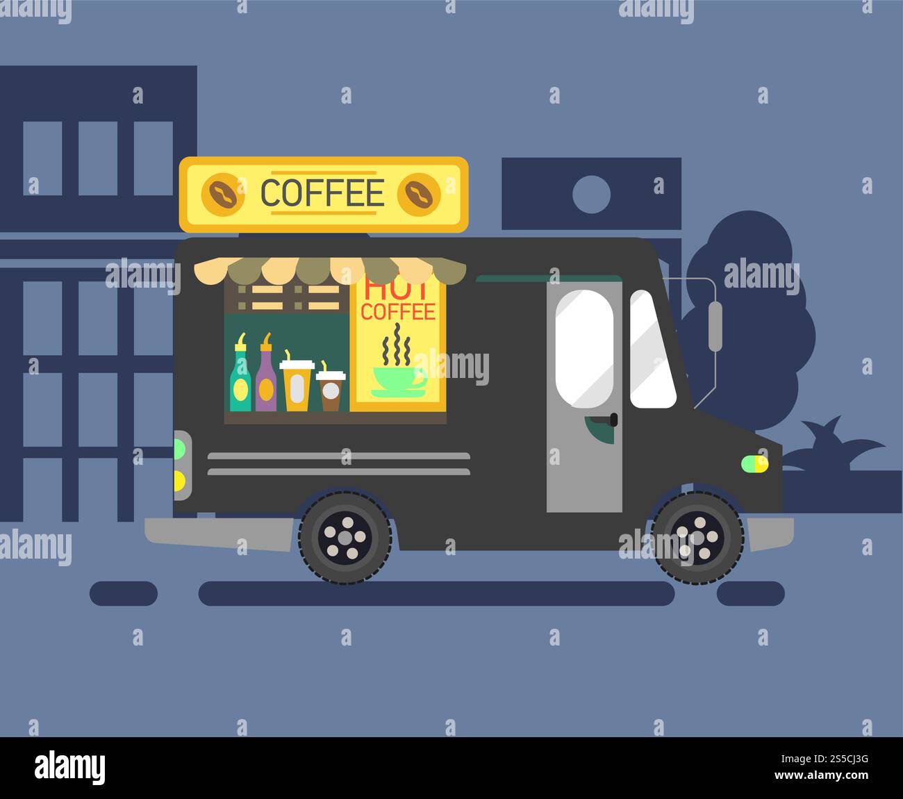 Cartoon style illustration of a coffee van side view. Vector ...