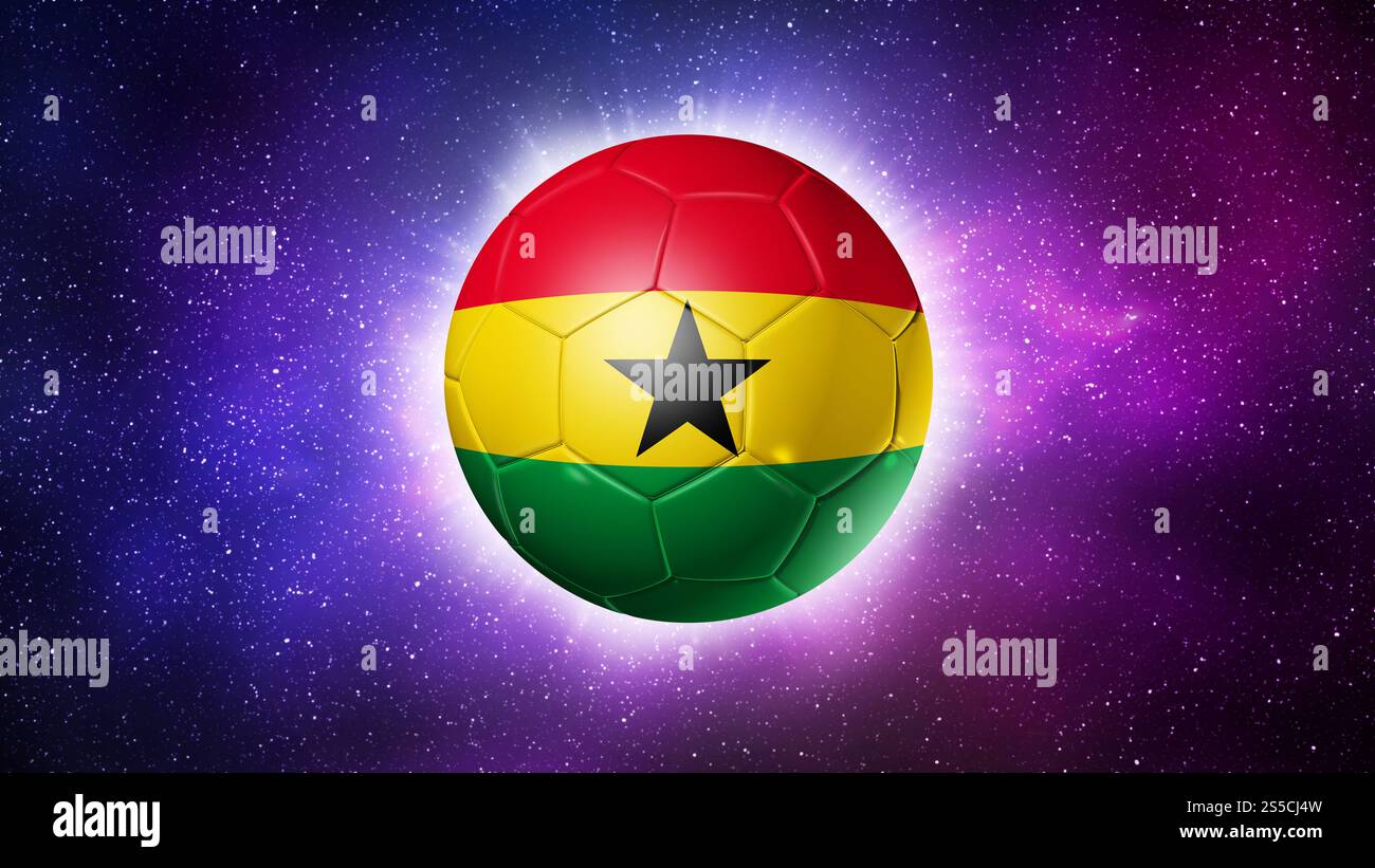 3D soccer ball with Ghana team flag, football 2022. Space background ...