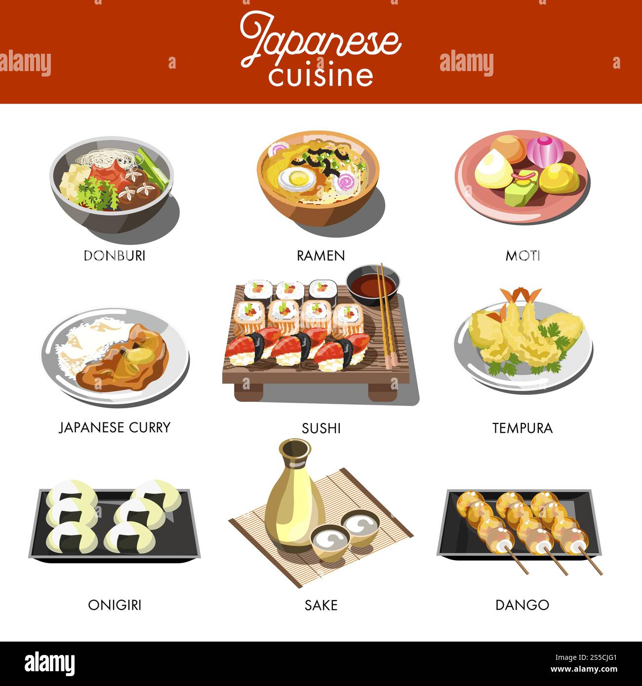 Japanese cuisine traditional dishes of ramen and udon donburi noodles ...