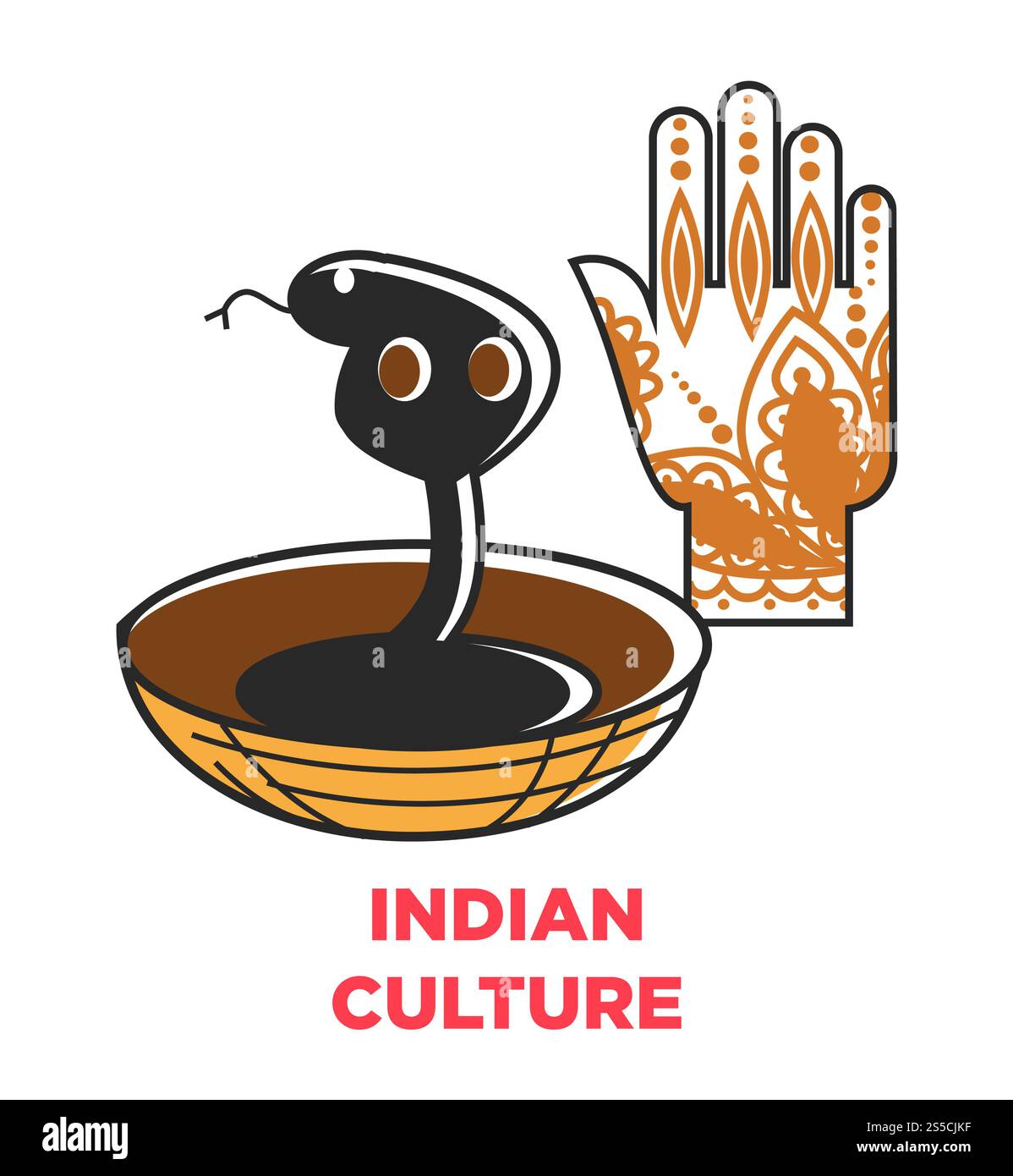 India culture symbols. Vector henna ornament on hand and cobra snake in ...