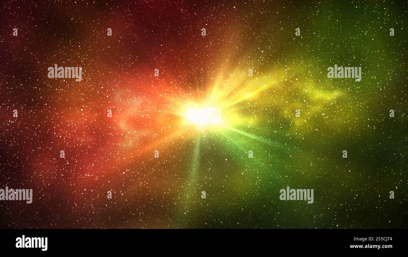 Burst of light in space. Night starry sky and bright yellow red galaxy ...