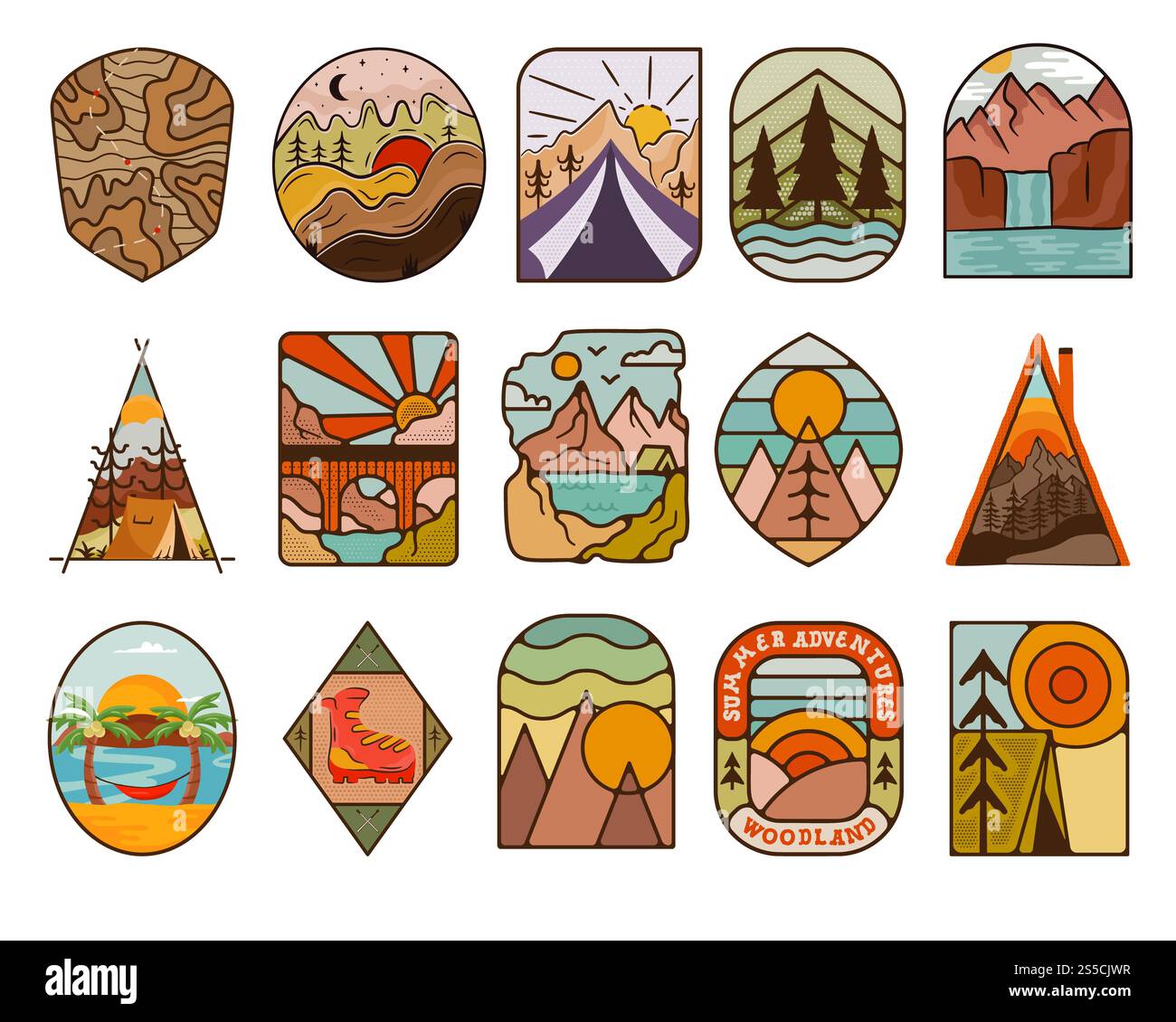 Outdoor adventure badges set. Camping adventure labels in retro style ...