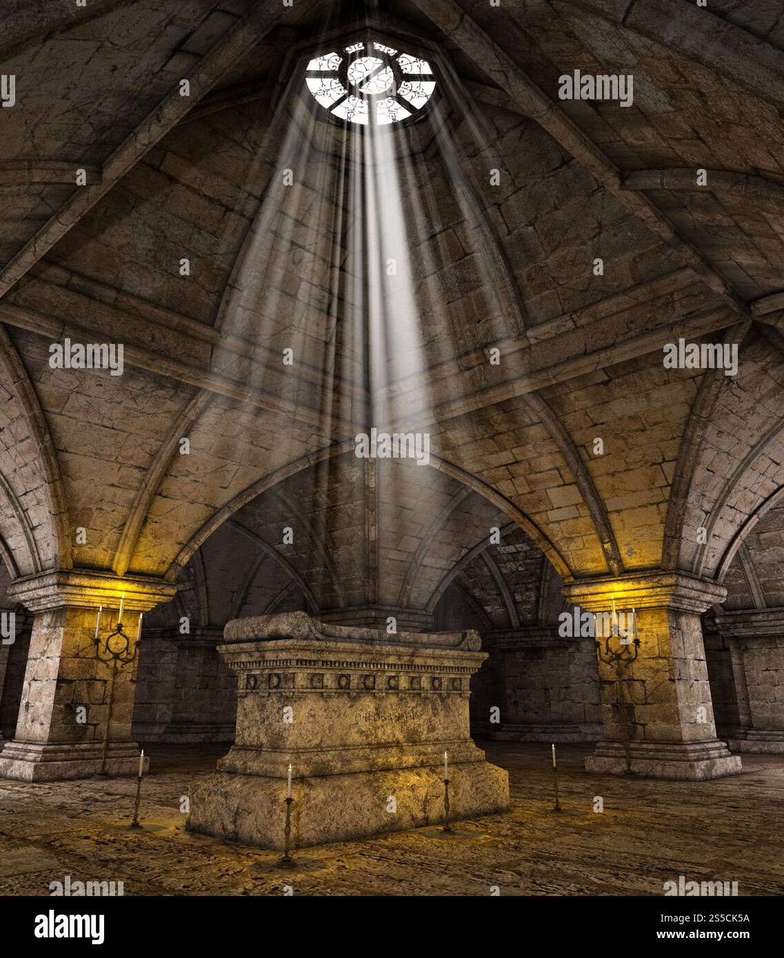 Interior of a creepy abandoned old crypt, magical burial chamber, 3d ...