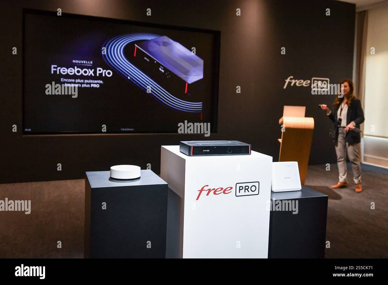 This photograph shows the New Free Pro internet box during an unveiling ...