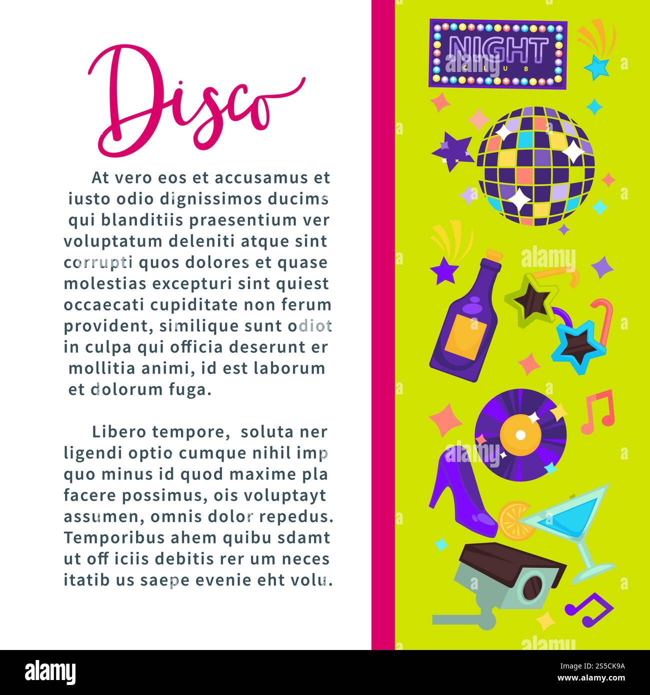 Epic disco party promo banner with sample text. Shiny ball, bottle of ...