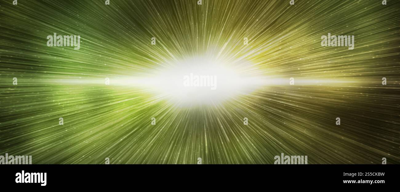 Big bang effect on bright yellow galaxy sky, horizontal banner. 3d ...
