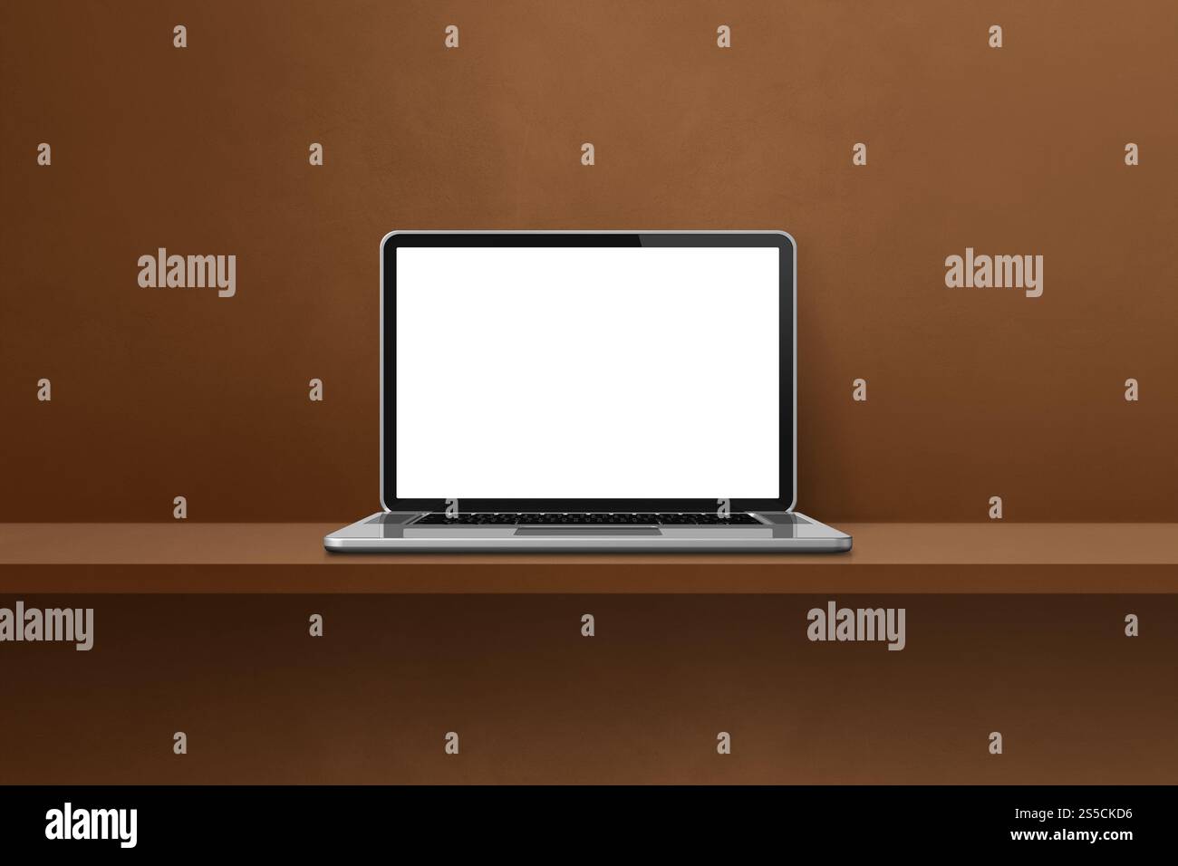 Laptop computer on brown shelf background. 3D Illustration Stock Photo ...