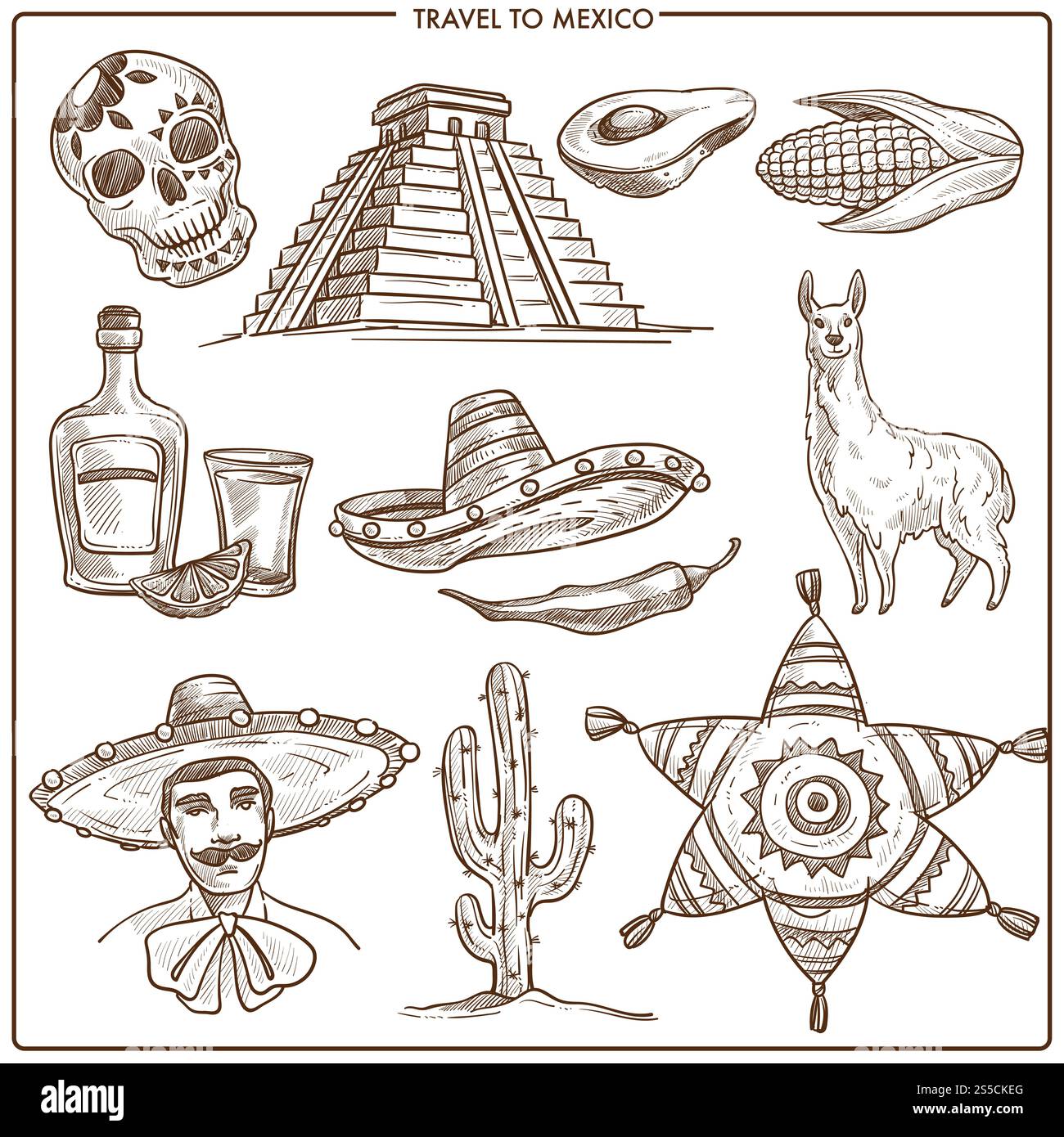 Mexico travel sketch symbols and tourist landmarks. Vector Mexican ...
