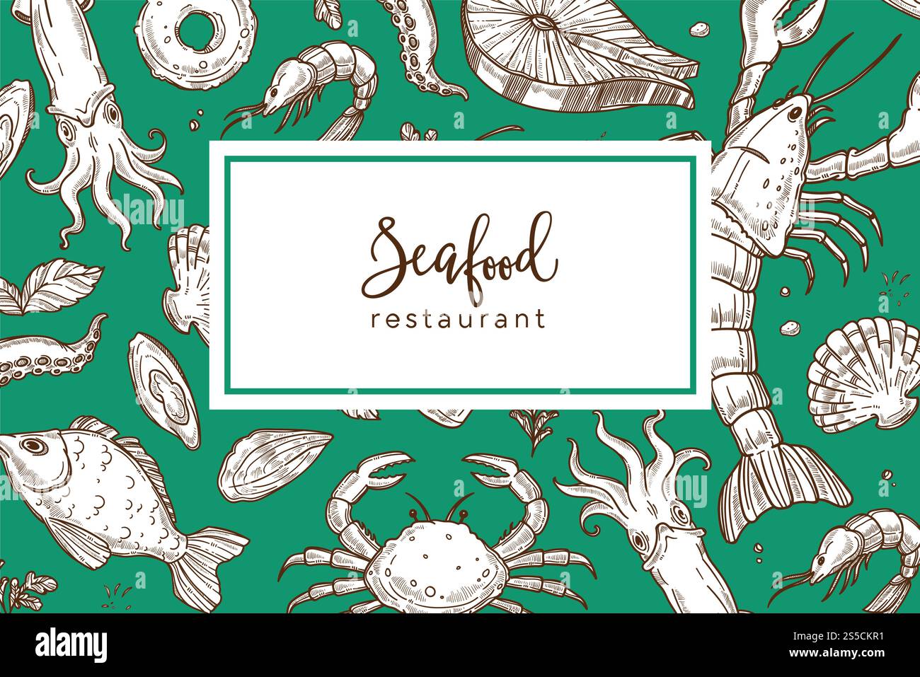 Seafood restaurant promo banner or menu cover with seamless pattern ...
