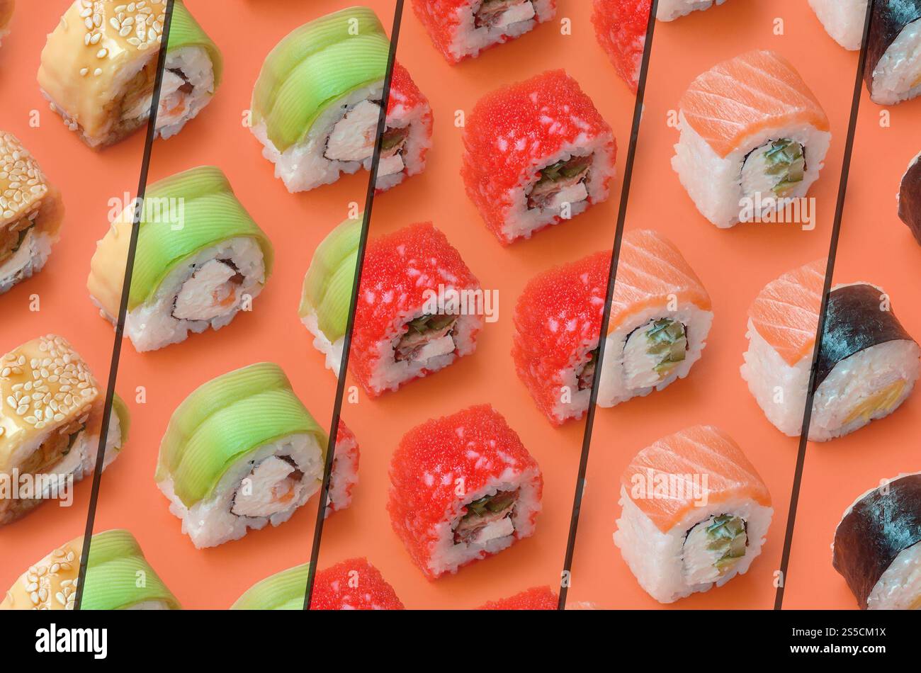 Collage with Different types of asian sushi rolls on orange background ...
