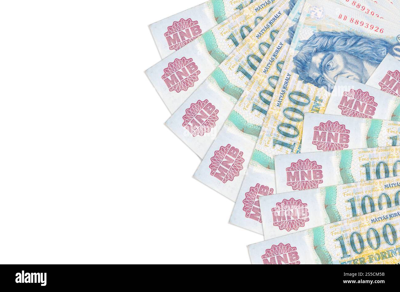 1000 Hungarian forint bills lies isolated on white background with copy ...