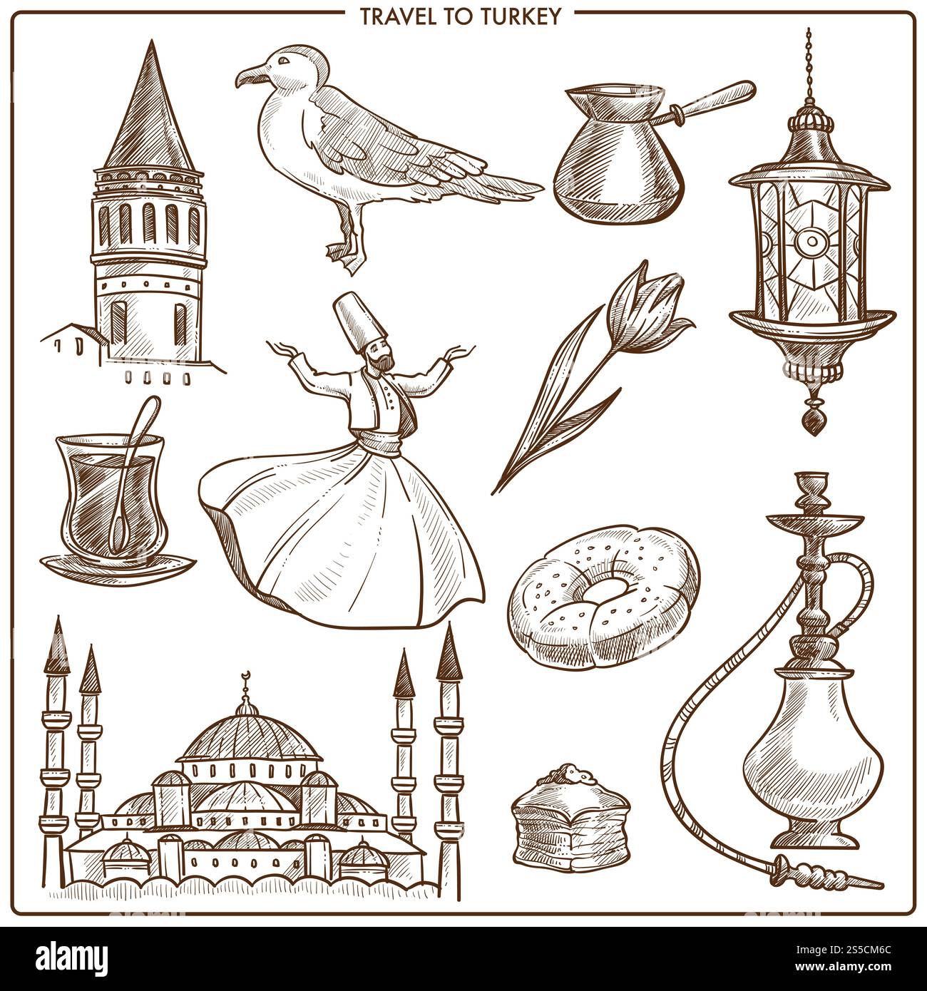 Turkey travel landmarks and tourism symbols. Vector sketch icons of ...