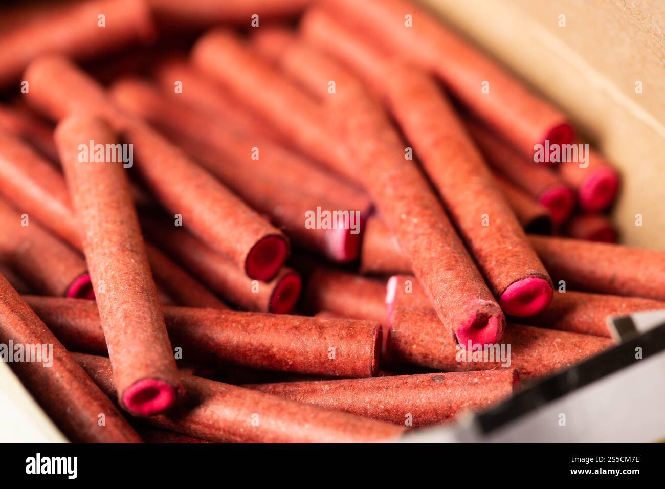 A bunch of firecrackers with red sulfur. Set of pyrotechnics, explosion ...