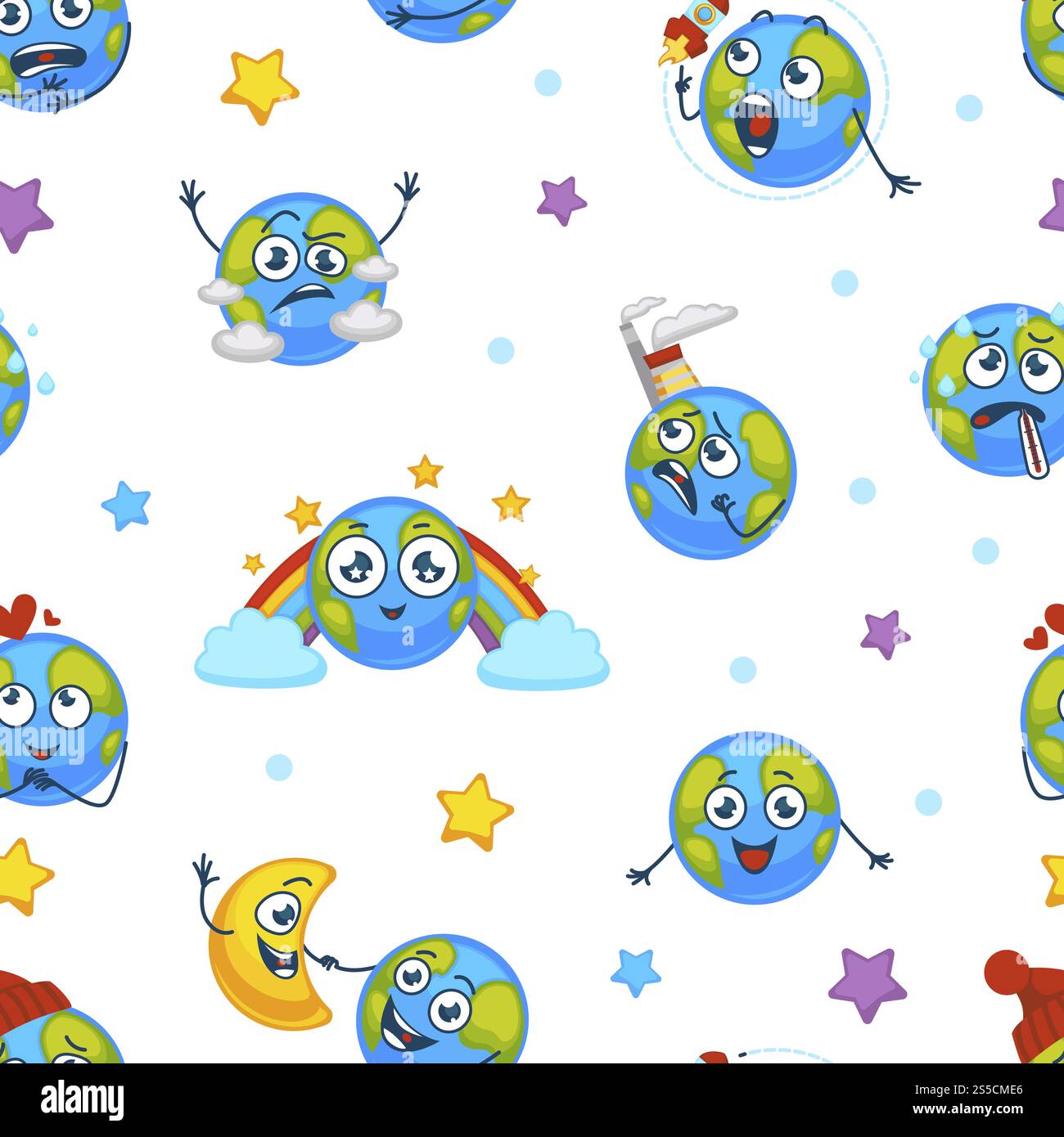 Earth planet expressing emotions emojis seamless pattern vector. Angry ...