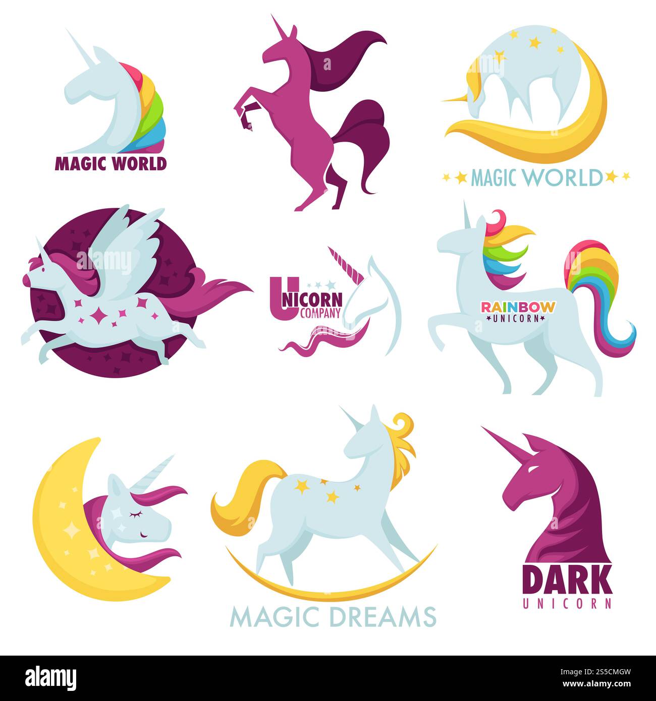 Unicorn magic horse logo templates. Vector icons set of mythic dark ...