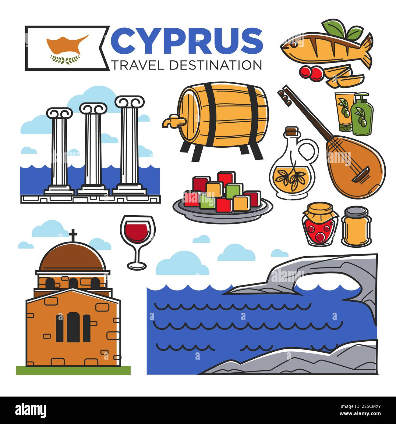 Cyprus travel destination promotional poster with national symbols ...