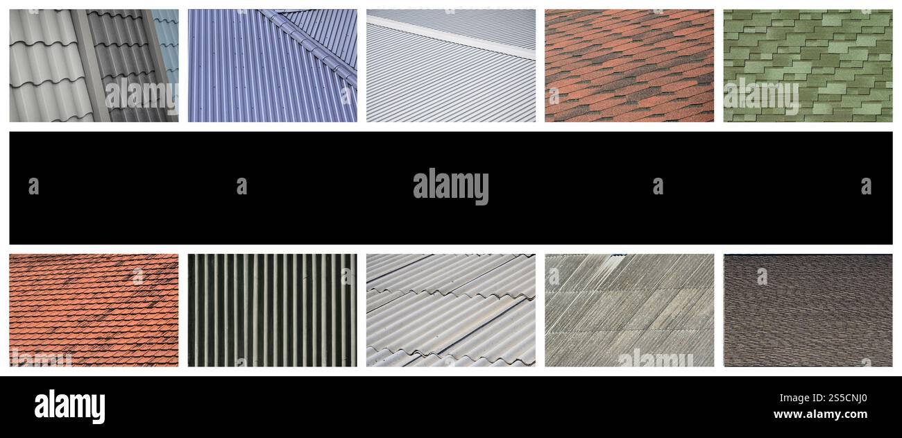 A collage of many pictures with fragments of various types of roofing ...