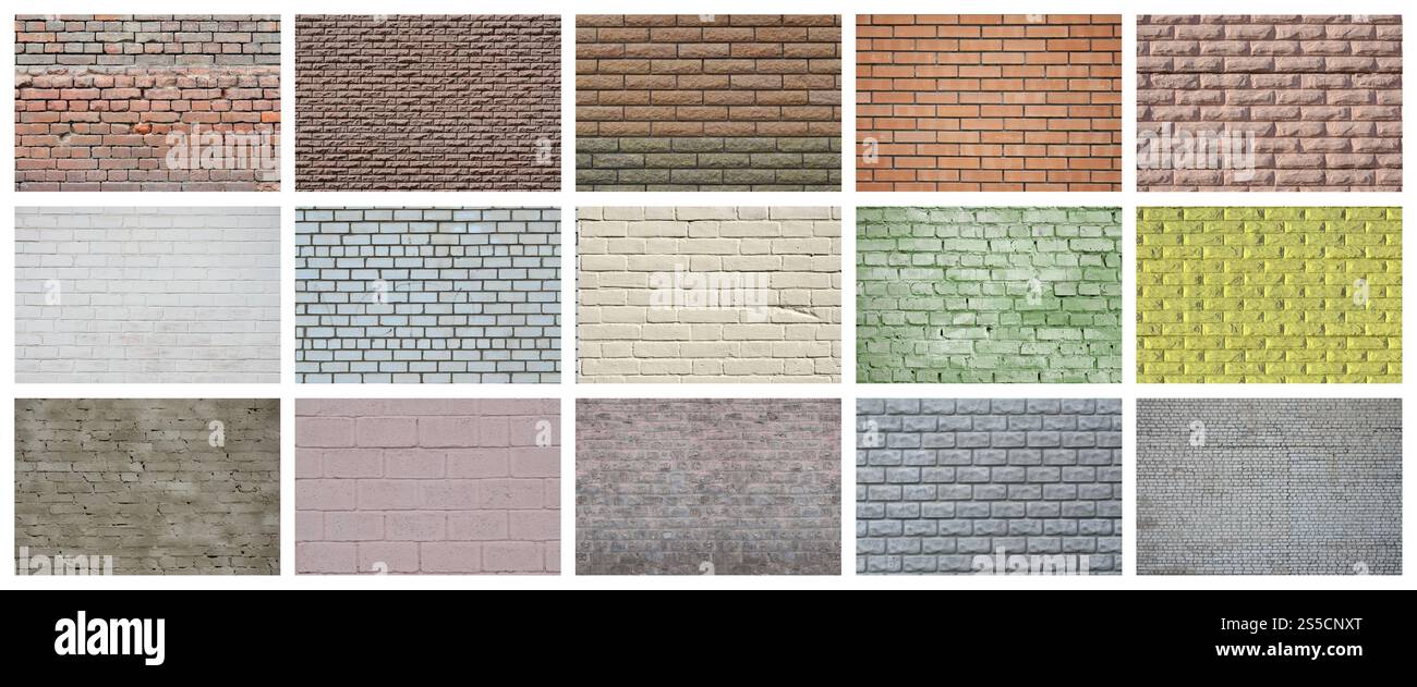 A collage of many pictures with fragments of brick walls of different ...