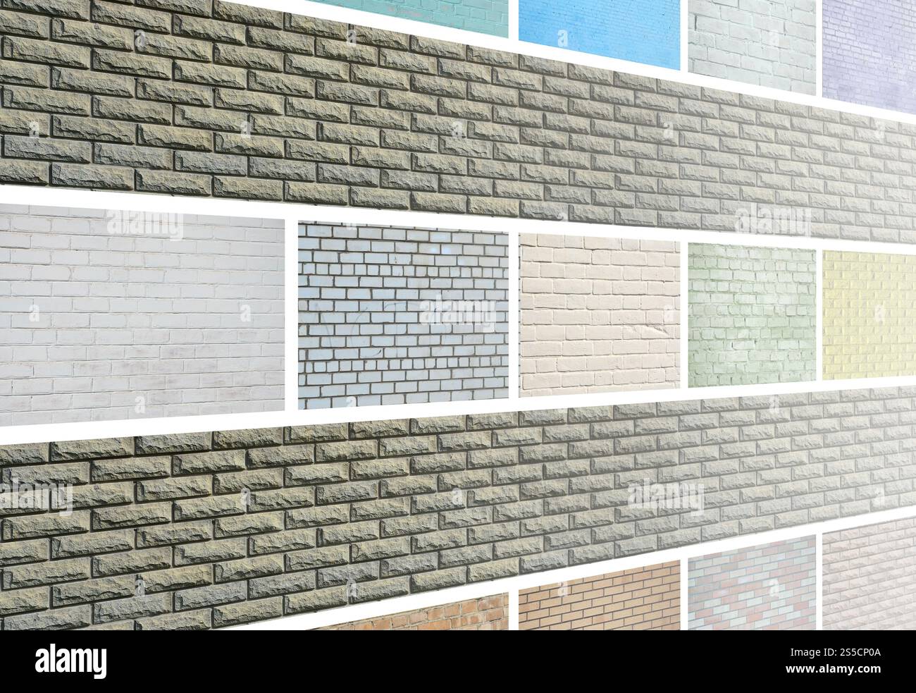 A collage of many pictures with fragments of brick walls of different ...