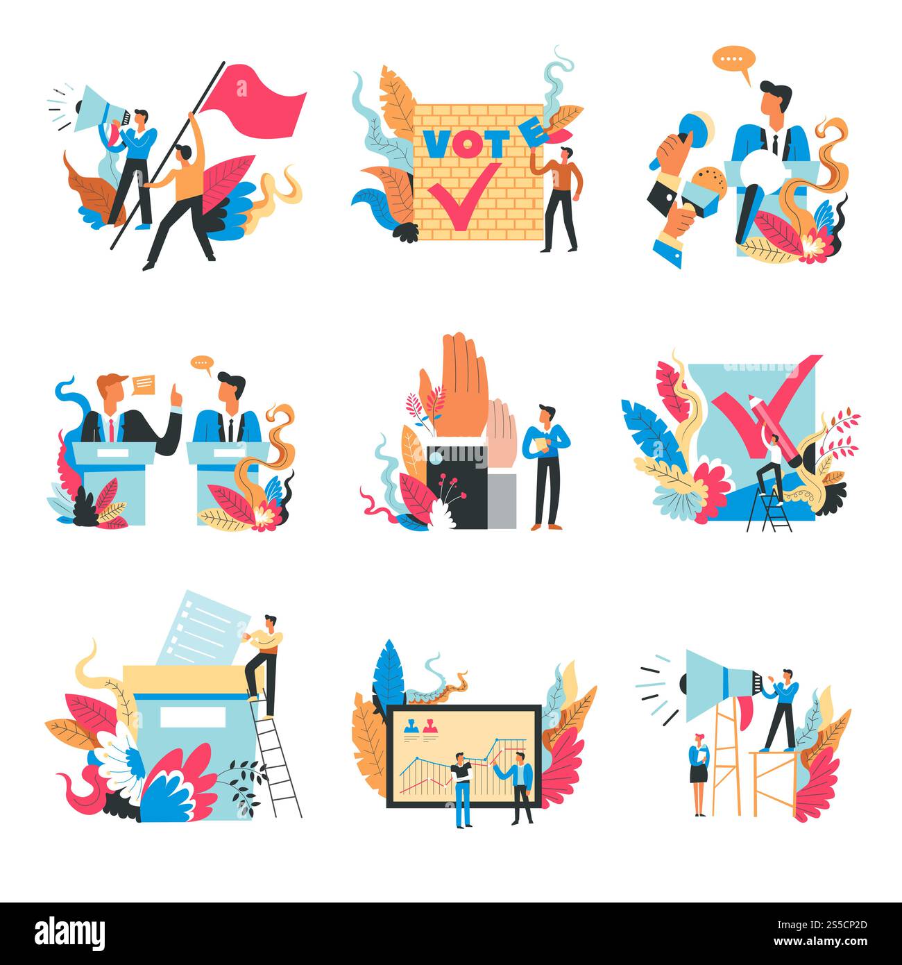 Voting process, people with loudspeakers and flags set vector. Election ...