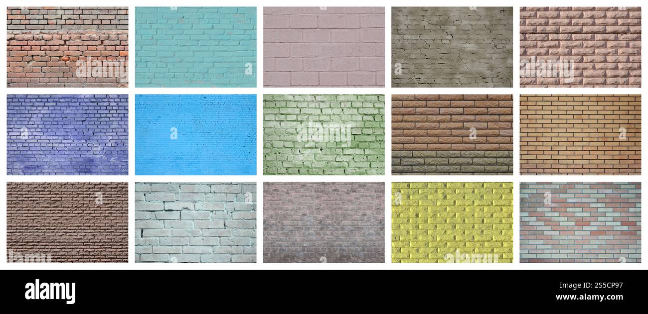 A collage of many pictures with fragments of brick walls of different ...