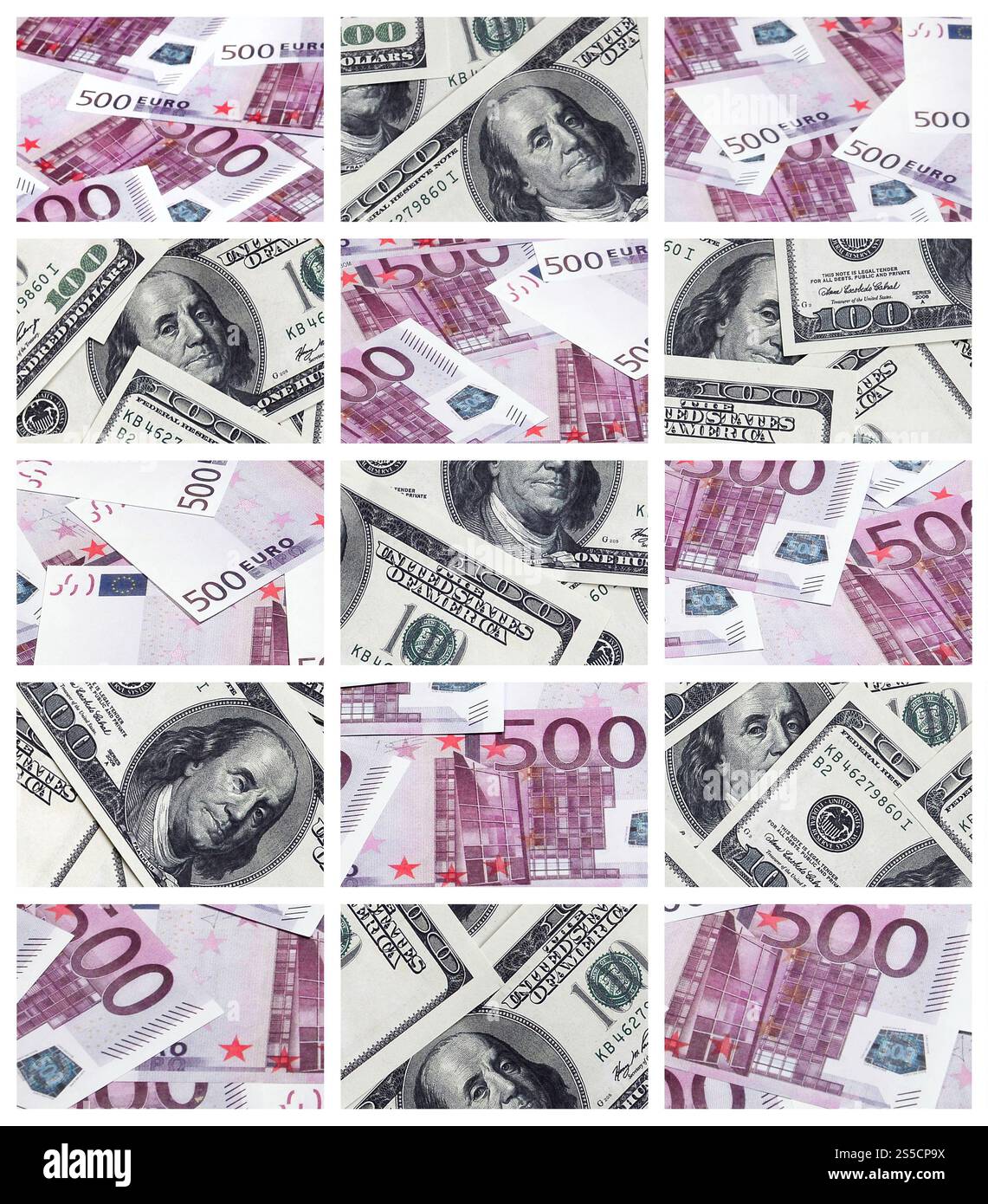 A collage of many images of euro banknotes in denominations of 100 and ...
